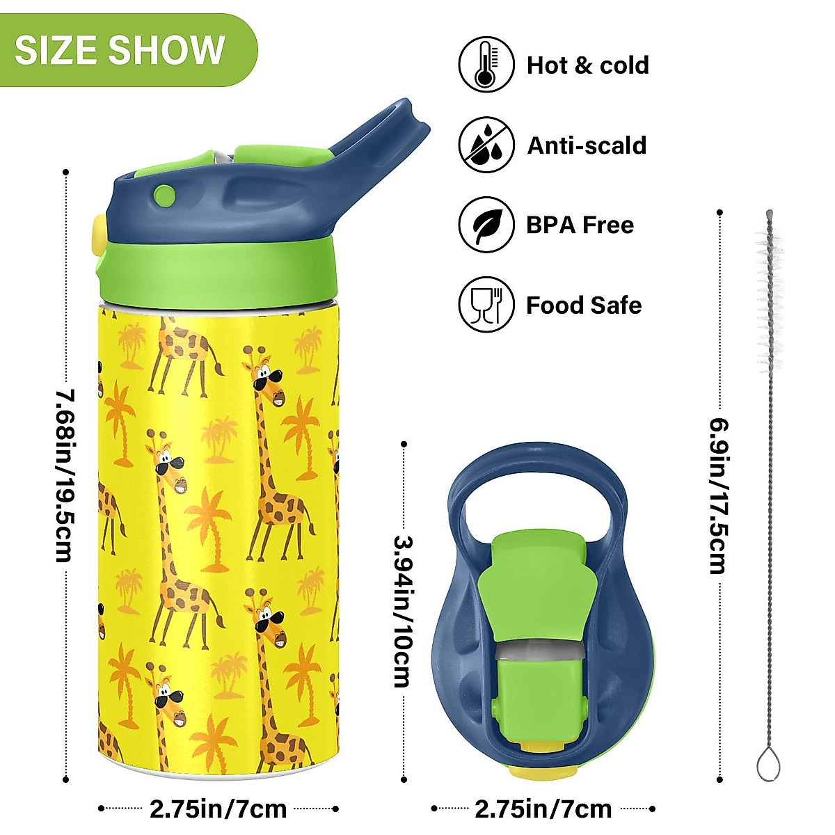 ALAZA Cute Cartoon Giraffe on Yellow Background Kids Water Bottles with Lids Straw Insulated Stainless Steel Water Bottles Double Walled Leakproof Tumbler Travel Cup for Girls Boys Toddlers 12 oz / 35