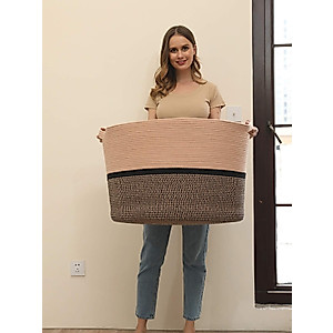 24" x 24" x 17" Max Size Large Cotton Rope Basket, Extra Large Storage Basket, Woven Laundry Hamper, Cloth Storage Bin, for Blankets Clothes Towels Pillows in Living Room, Beige Red/Black Mix
