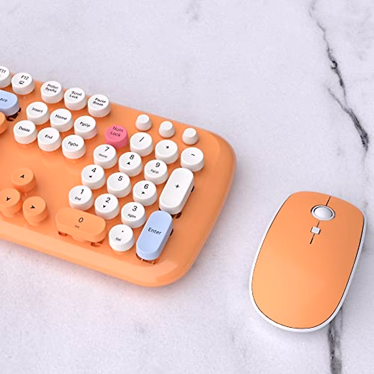 Colorful Wireless Computer Keyboards Mouse Combos, UBOTIE Polychrome Round Keycaps Retro PC Keyboards 2.4GHz Radio Frequency Connection with Optical Mouse(Orange-Colorful)