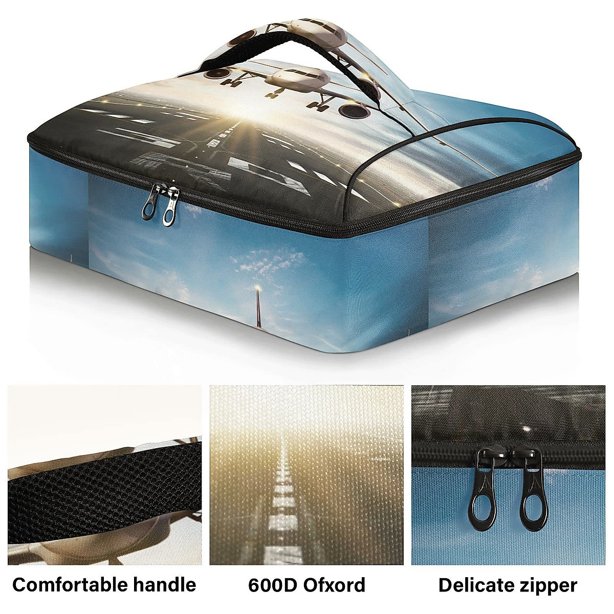 White Aircraft Take Off Runway in Daylight Sunrise Reusable Insulated Pizza Bag, Waterproof Food Delivery Bag, with Handle Lid Leakproof Pizza Holder Tote for Hot or Cold Food