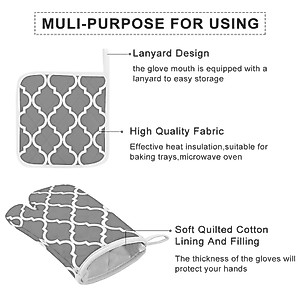 2Pcs Oven Mitts and Pot Holders Set, Classic Quatrefoil Pattern Grey and White Oven Mitts Gloves Set Heat Resistant Hot Pads for Kitchen Cooking Grill