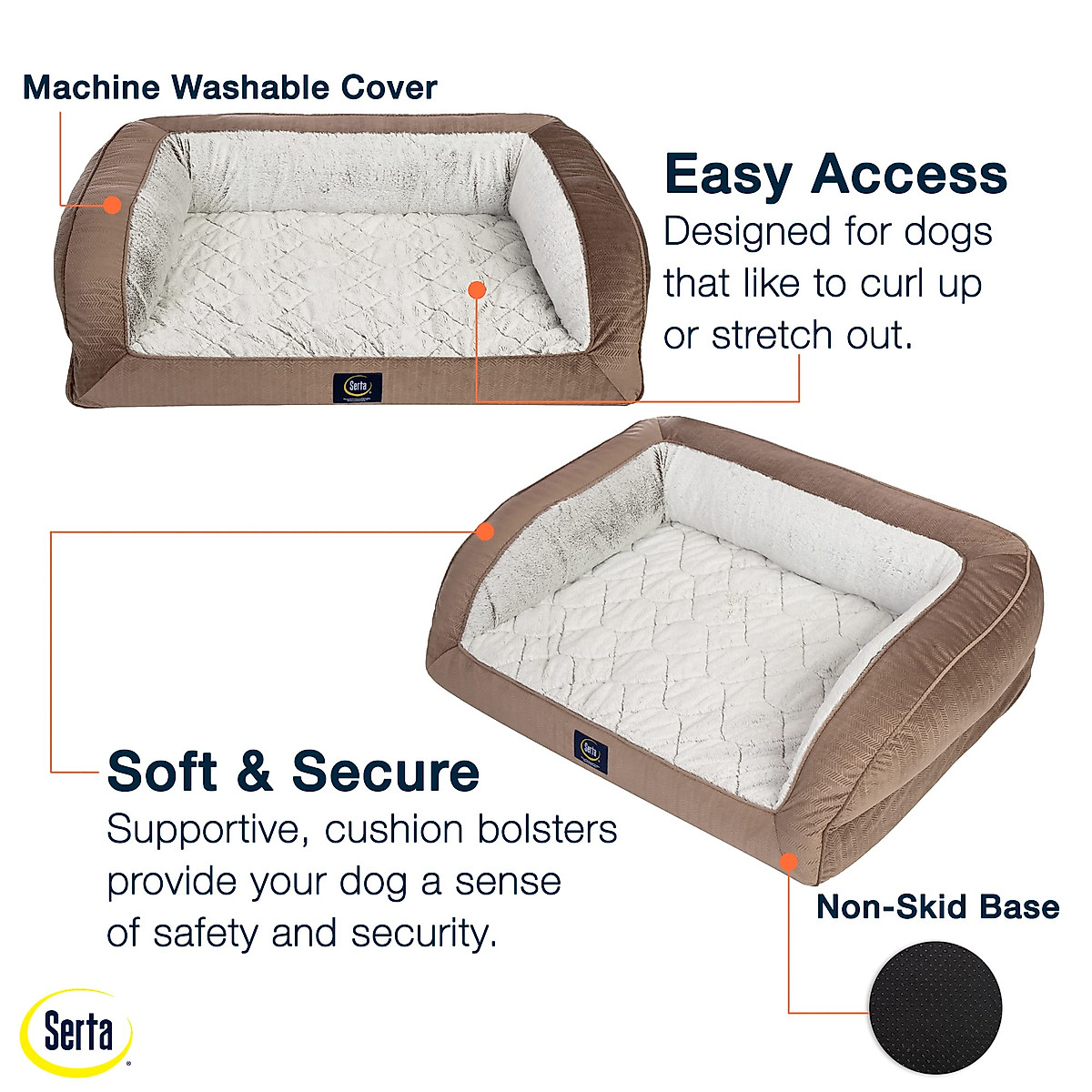 Serta Orthopedic Quilted Couch Dog Bed for Pets – Chocolate Brown (Large)