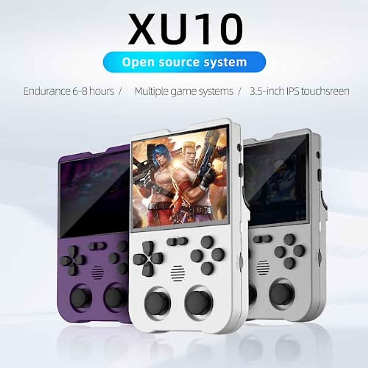 XU10 Retro Handheld Game Consoles, 3.5 inch IPS Screen, XU10 with a 64G Card Pre-Loaded 8000 Games, Support 20+ Kinds of Games Formats, with 3000 mAh battery life 6-8 hours White