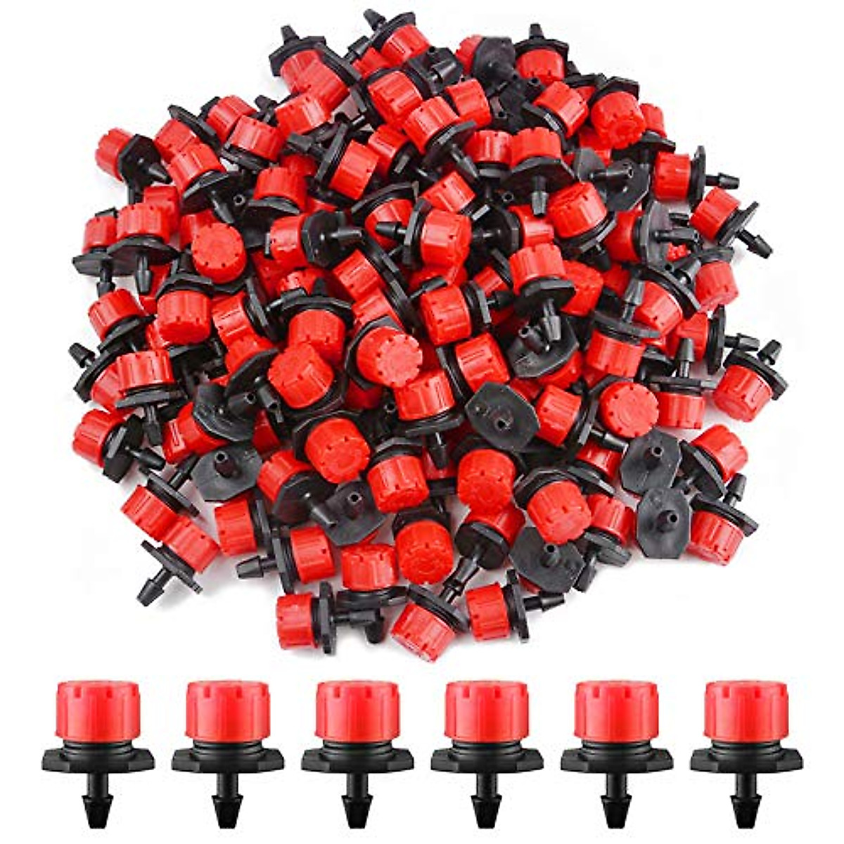 Kalolary 200Pcs Adjustable Irrigation Drippers Sprinklers 360 Degree 1/4 Inch Barbed Drip Emitter Watering Sprinklers Anti-Clogging Drippers for Garden Watering System