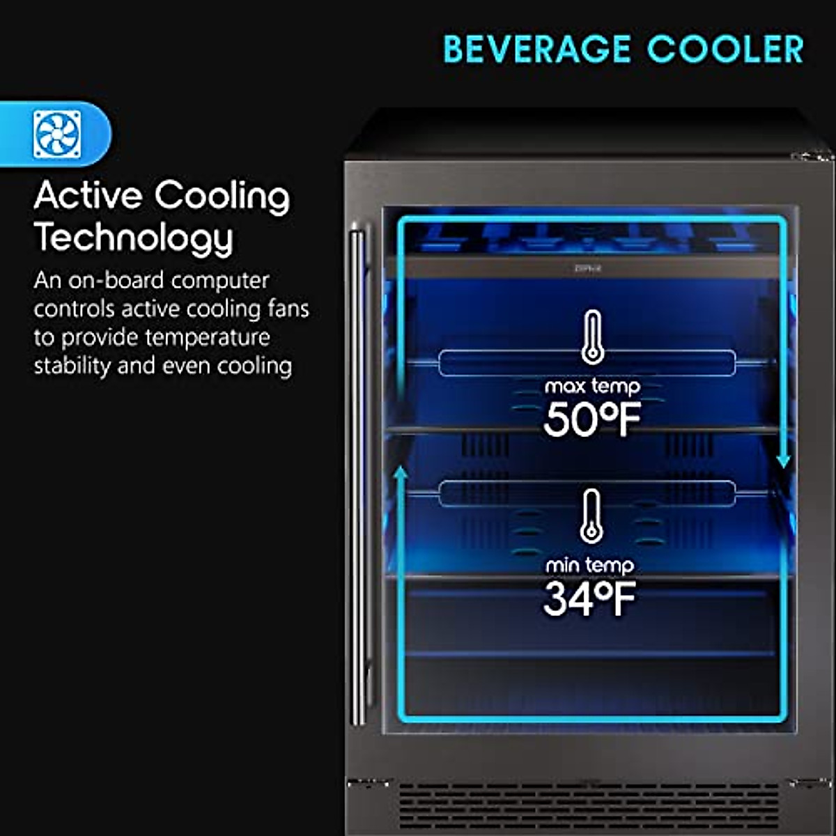 Zephyr 24" Wine Fridge & Beverage Refrigerator Single Zone Under Counter - Mini Wine Cooler Cellars Small Beer Cabinet Drink Chiller Freestanding with French Glass Door Black, 7 Bottles, 112 Cans