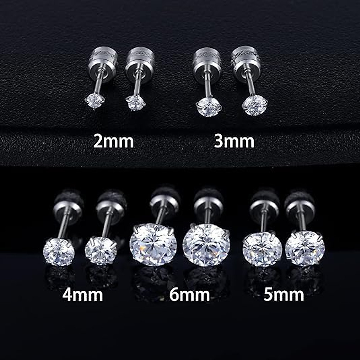5 Pairs White Gold Plated Moissanite Earrings For Women Stainless Steel 2-6MM Round Cut Moissanite Stud Earrings For Men Women