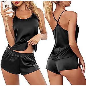Ekouaer Womens Pajama Sets Lingerie Satin Sleepwear Cami Shorts Set 2 Piece Silk Pjs Nightwear Gift Black