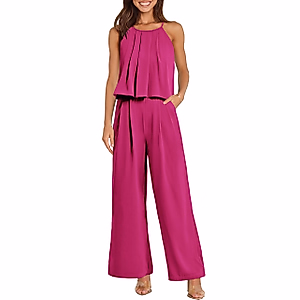 PRETTYGARDEN PRETTYGRADEN Women's Casual Summer Sleeveless Jumpsuit Halter Neck Wide Leg Pants Rompers One Piece Outfits (Rose Red,X-Large)