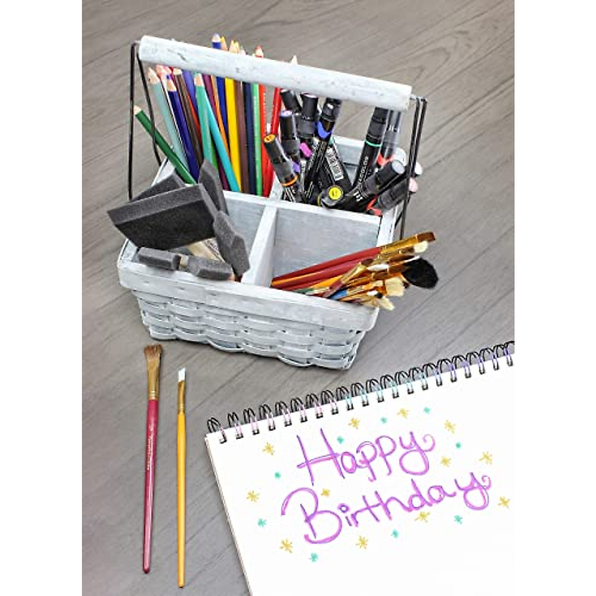 AuldHome Wood Basket Caddy (Gray Washed), 4-Compartment Carry-All Divided Organizer, Great for Easter/Spring Gift Basket