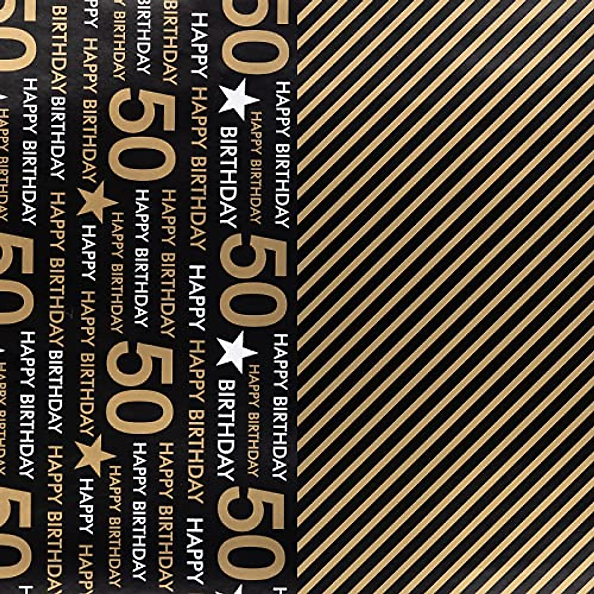RUSPEPA Reversible Wrapping Paper Roll - 50 Years Old Birthday Black and Gold Pattern Great for Birthday, Party, Baby Shower - 17.5 Inches X 32.8 Feet