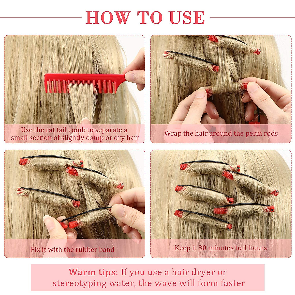 60 Pieces Short Hair Perm Rods Plastic Cold Wave Perming Rods Hair Curling Rollers Curlers with Steel Pintail Comb Rat Tail Comb for Hairdressing Styling Supplies(0.2 Inch,Red)