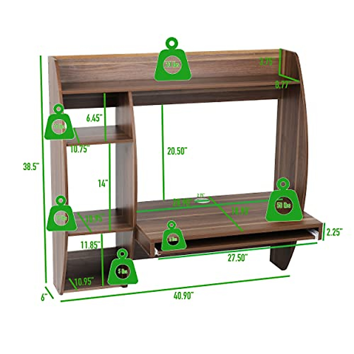 Mind Reader Wall Mounted Floating Wood Desk Table with Storage Shelves and Cable Management, Space Saving Computer Shelf, Office, Brown