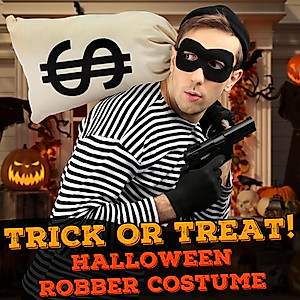 Ramede 32 Pcs Halloween Costume Set, Include Dollar Sign Canvas Bags, Robber Mask, Knit Beanie, Black Robber Gloves for Halloween Outfit Cosplay Bandit Burglar Theme Party Supplies