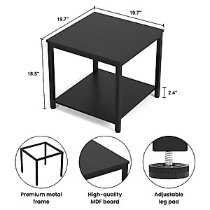 Homieasy Side Table 20 Inch Square, 2-Tier Coffee Tea End Table Nightstands for Sofa Couch Bed, Metal Wood Accent Modern Simple Industrial Style Side Table for Living Room Bedroom, Black