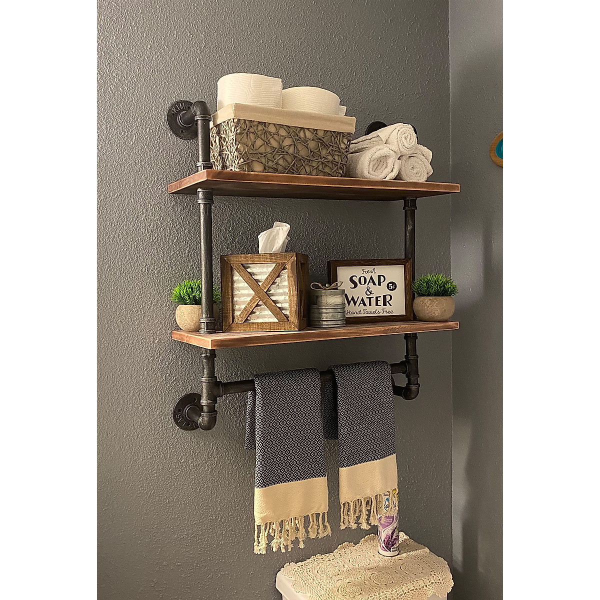 SSS Furniture Industrial Pipe Shelf Bathroom Shelves Wall Mounted, 2 Tier 19.6in Rustic Wood Floating Shroom Decor Wall Shelfelves with Towel Bar, Farmhouse Rustic Bath