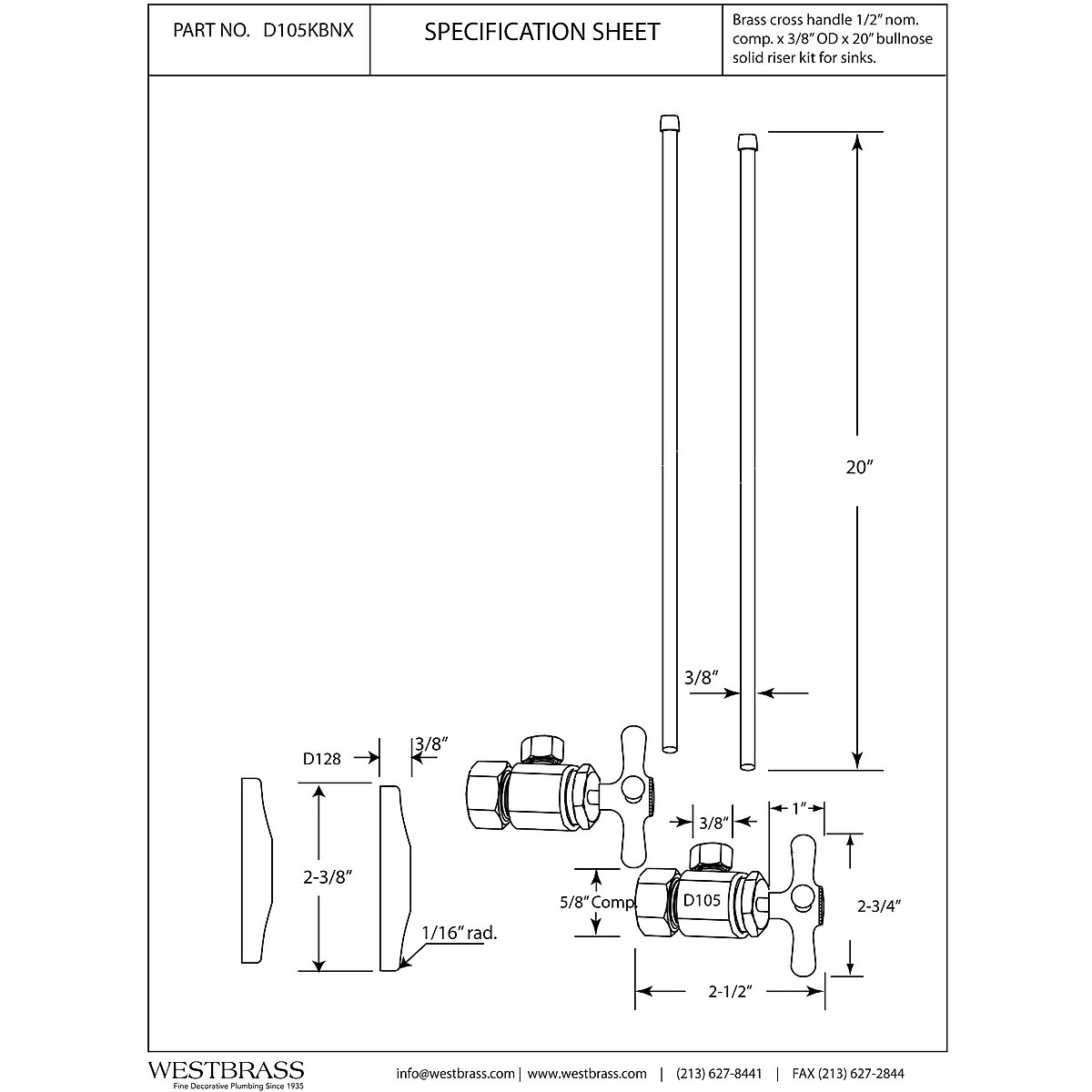 Westbrass Bullnose Faucet Kit with Cross Handles, 5/8" OD x 3/8" OD x 20", Polished Nickel, D105KBNX-05