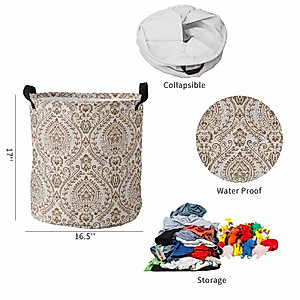 European Floral Laundry Basket Collapsible Bag with Easy Carry Handles, Large Waterproof Foldable Freestanding Hamper, Folding Washing Bin Clothes Storage Round Vintage Style Antique Bohemia Beige