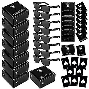 40 Pieces Groomsmen Proposal Box Set of 8 Groomsmen Box 8x8x4 inch With 8 Will You Be My Groomsman Labels and 8 Groomsmen Proposal Cards 8 Sunglasses （7 Groomsmen, 1 Best Men ）and 8 Poker Card Beer Bottle Opener Cap