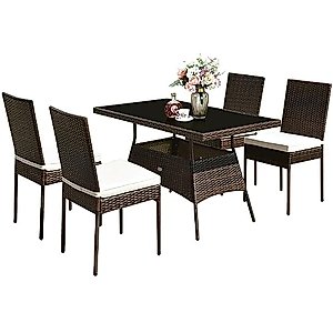 BaRdzo 5 PCS Patio Rattan Dining Set Glass Table High Back Chair Garden Deck Mix Brown