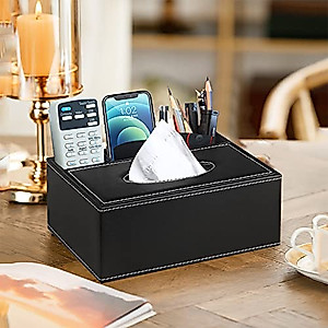 Multi-Functional Tissue Box Cover Rectangle, Leather Decorative Napkin Dispenser Organizer Caddy with 3 TV Remote Control Holder Compartments Bathroom, Modern Office Desk Decor and Accessories, Black