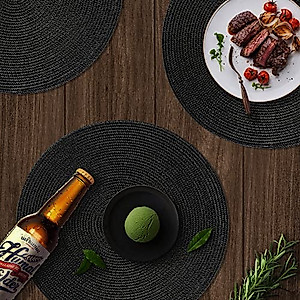 FunWheat Round Braided Placemats Set of 4 Table Mats for Dining Tables Woven Washable Non-Slip Place mats 15Inch (Black, 4pcs)