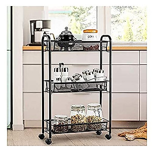 ATAAY Storage Racks and Durable Metal Mesh Rolling Storage Carts with Practical Handle Wheels, Easy-to-Operate Kitchen and Bathroom/Black