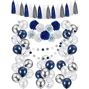 66 Pieces Blue Party Decorations Include Blue White Grey Balloons, Paper Pom Flowers, Tassel Garland and Round Party Garland for Blue Birthday Party Wedding Baby Shower Graduation Ceremony