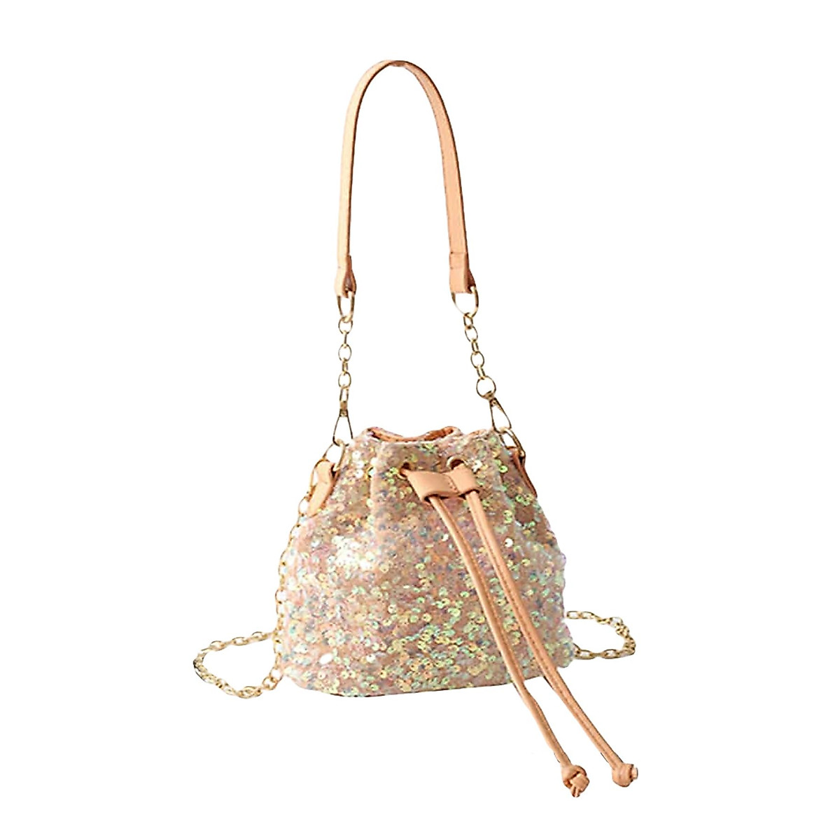 Verdusa Women's Sequin Drawstring Bucket Bags Glitter Crossbody Handbag Mini Purse Khaki one-size
