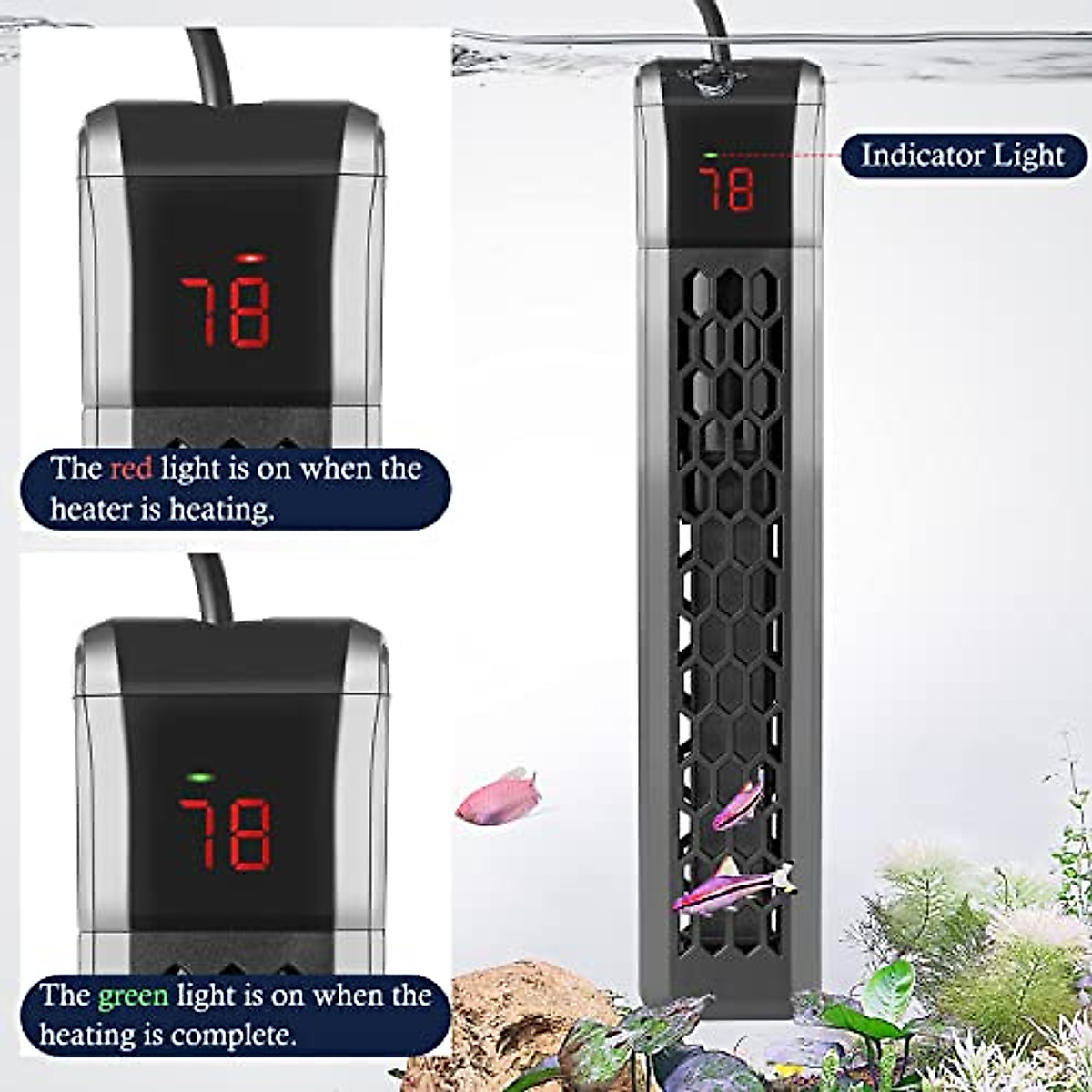 FEDOUR 100W/200W/300W PTC Aquarium Heater, Adjustable Fish Tank Heater with External Temperature Controller, Turtle Tank Heater with Detachable Protective Cover for up to 80 Gallon Tank (300W)