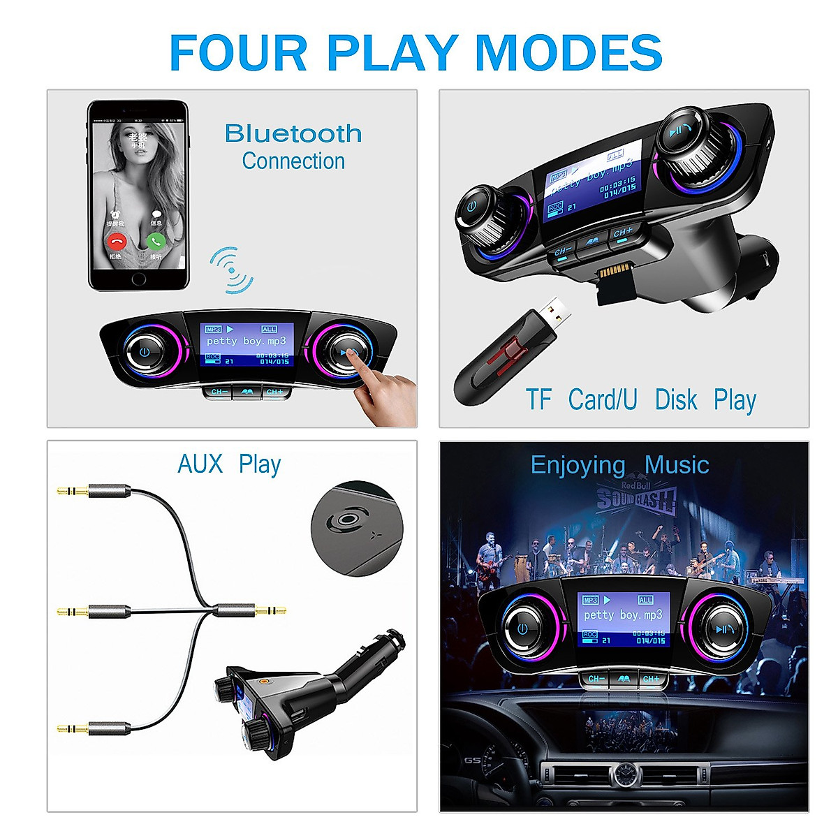 Bluetooth FM Transmitter Handfrees-Calling Radio Adapter Car Kit with Dual USB Port MP3 Player Support TF Card USB Flash Drive
