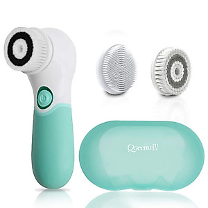 Spinning Face Cleansing Brush Queenwill Waterproof Facial Cleansing Rotating Brush Set for Exfoliating, Face Massage & Deep Cleansing, Equipped with 3 Portable Facial Cleaners & 2 Adjustable Speeds