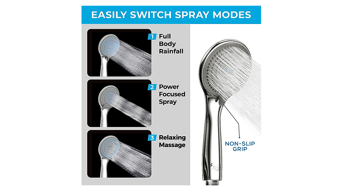 SparkPod High Pressure Handheld Shower Head with 3 Modes & 5ft Hose