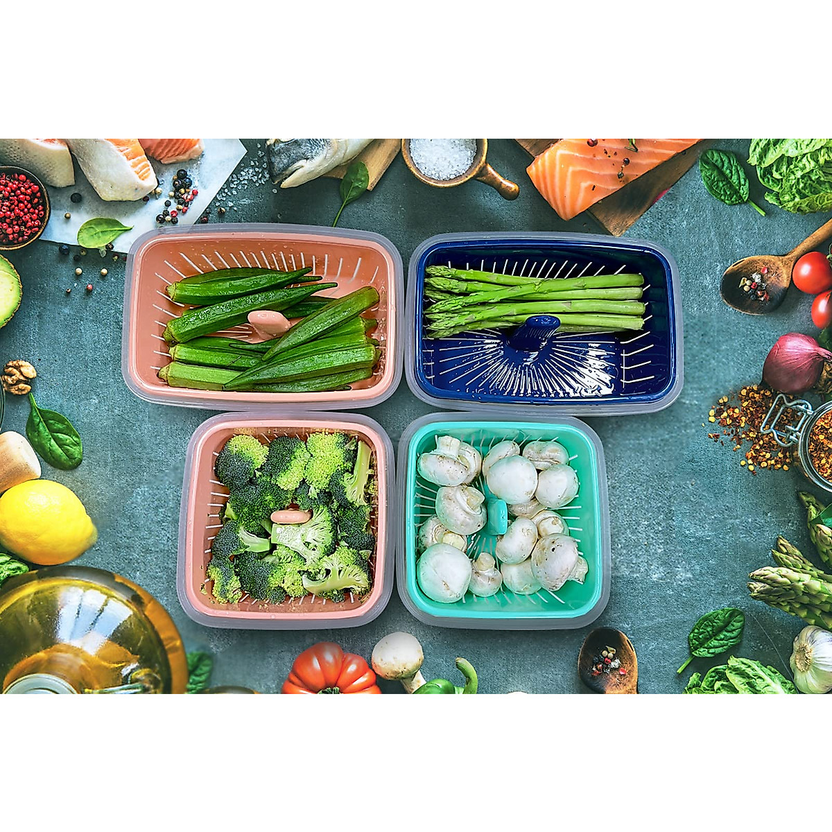 shopwithgreen 50oz Berry Keeper Container, Fruit Produce Saver Food Storage Containers with Removable Drain Colanders, Vegetable Fresh Keeper Set | Refrigerator Organizer