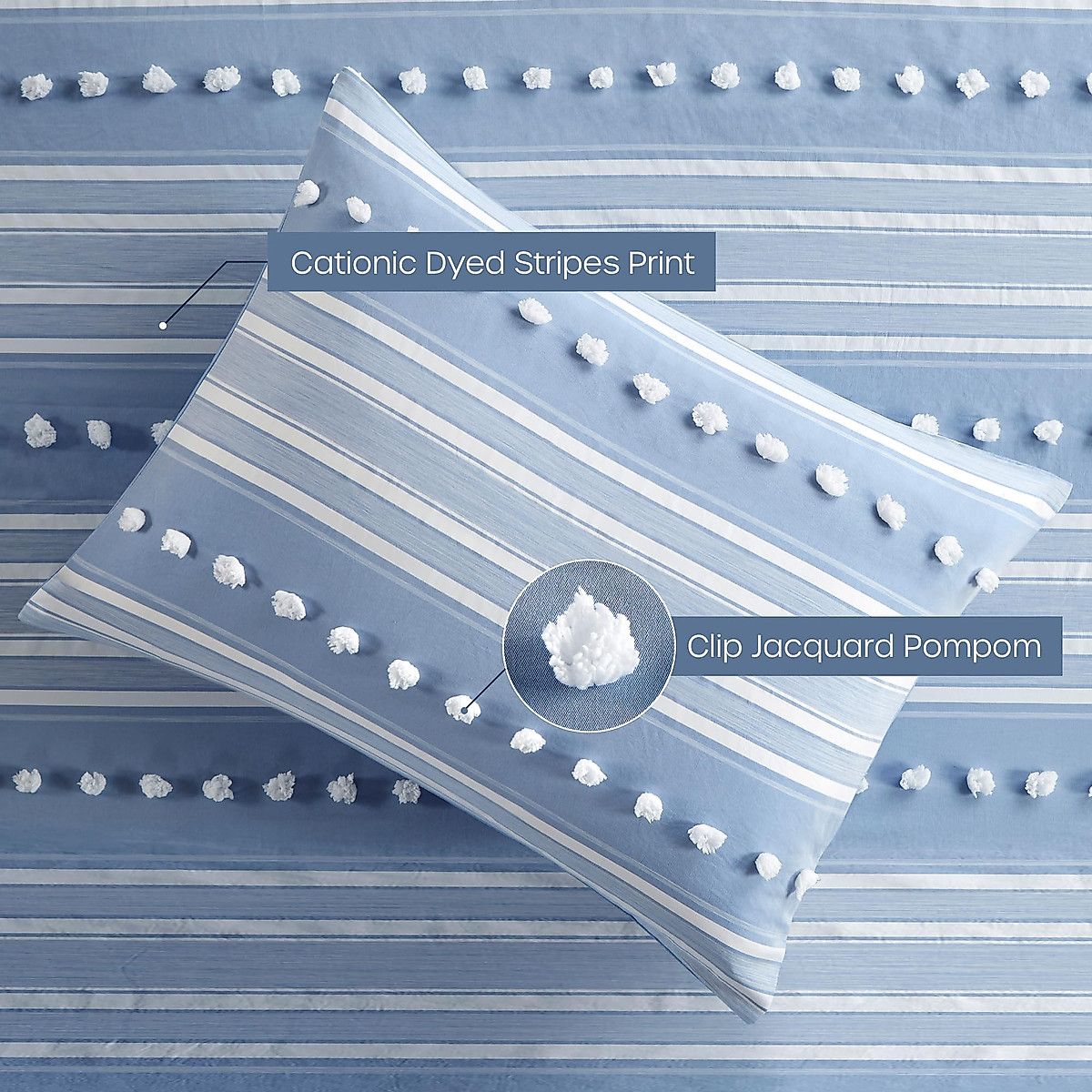 Urban Habitat Queen Duvet Cover Set Clipped Jacquard, Tufts Pompom Accent, Boho Duvet Covers, All Season Lightweight & Fluffy Bedding Cover, Matching Shams, Rowan, Full/Queen Blue 3 Piece