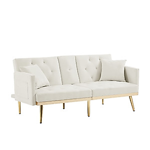 Velvet Upholstered Folding Futon Sofa Bed with 2 Cup Holders, 69.2" Modern Convertible Loveseat Couch Adjustable Recliner Love Seat with Side Pockets for Living Room Bedroom Office Small Places