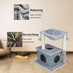 Dimaka Small Cat Tree with Hammock 24" Cat Tower and Condo with Sisal Scratching Posts and 2 Dangling Balls