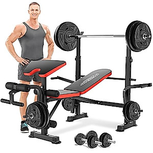 OppsDecor 600lbs Adjustable Weight Bench Workout Bench 5 in 1 Olympic Weight Bench Multi-Function Leg Developer Preacher Curl and Barbell Rack Incline Backrest for Indoor Home Gym Fitness Exercise Equipment