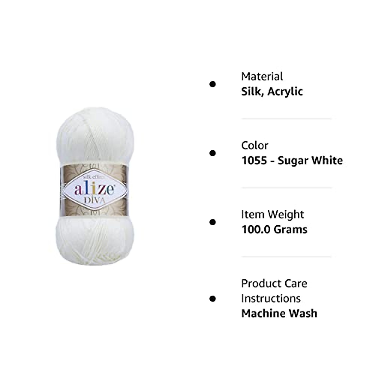 Alize Diva Silk Effect 100% Microfiber Acrylic Yarn 1 Ball skeins 100gr 383yds Color (1055 - Sugar White)