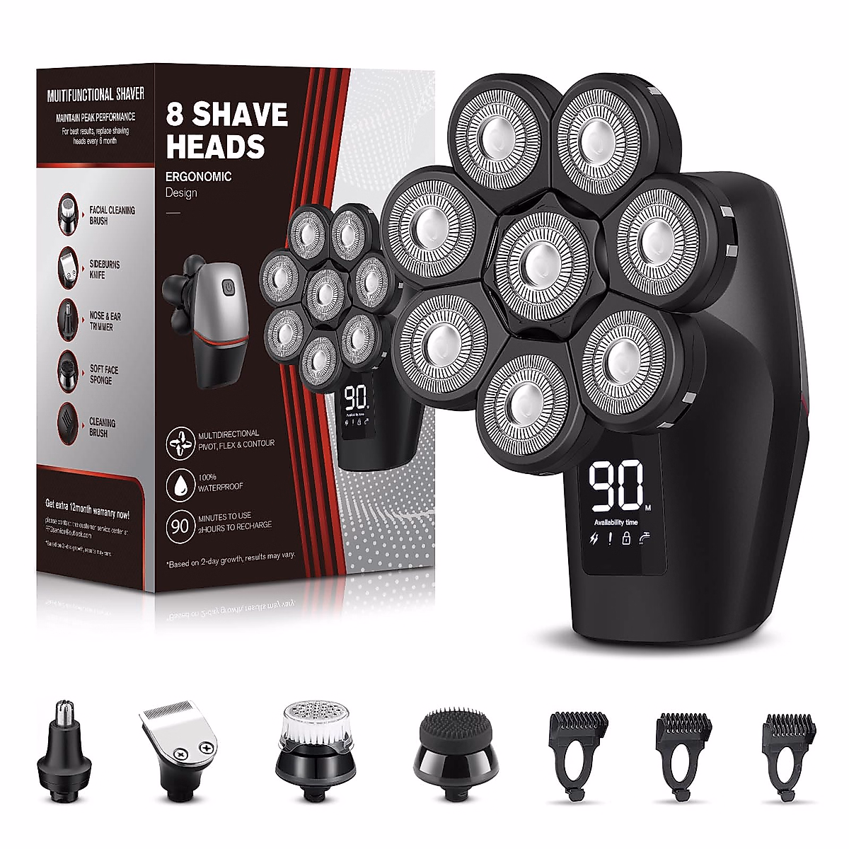 Mr.wintek 8D Head Shaver for Bald Men, 5-in-1 Head Electric Razor with Nose Hair Trimmer, IPX6 Waterproof Wet/Dry Mens Grooming Kit, Anti-Pinch, LED Display, USB Rechargeable