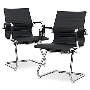 MoNiBloom Office Guest Chair Without Wheels PU Leather Mid-Back Sled Base Chairs for Reception Desk Waiting Meeting Conference Room, 2 Piece, Black