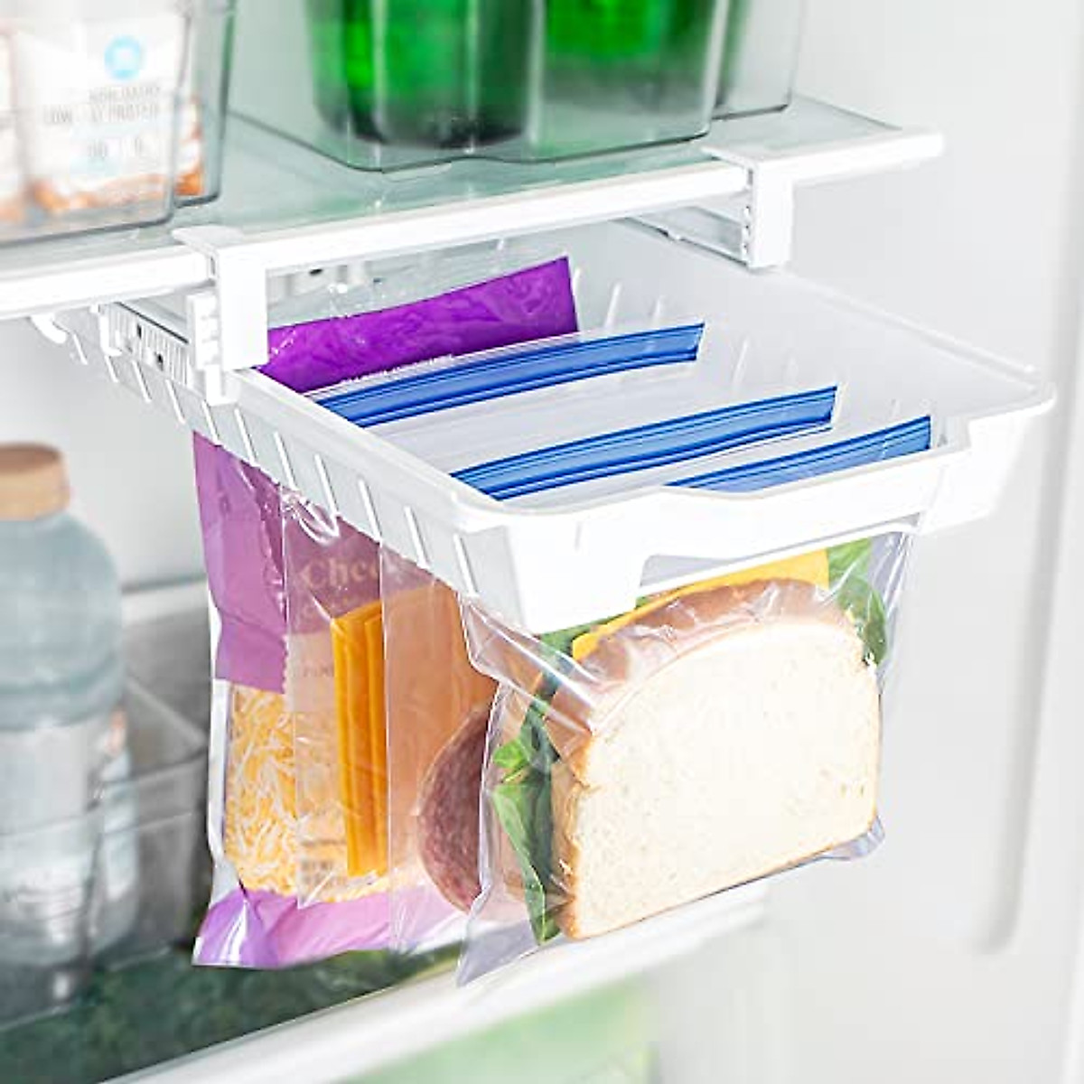Smart Design Hanging Zip Bag Pull Out Refrigerator Drawer - BPA Free Plastic - Holds 11 Bags + Containers - Fridge, Freezer, Pantry Food Storage - Adjustable Extendable Organizer Kitchen - Clear