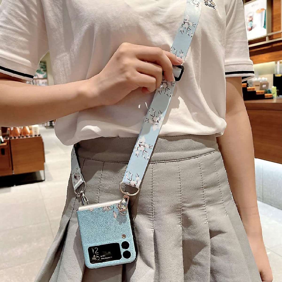 HANASE Glitter Bling Flowers Corssboby Case for Samsung Galaxy Z Flip 4 3 Hard Plastic Shoulder Strap Lanyard Chain Phone,Z5,for Z Flip 3