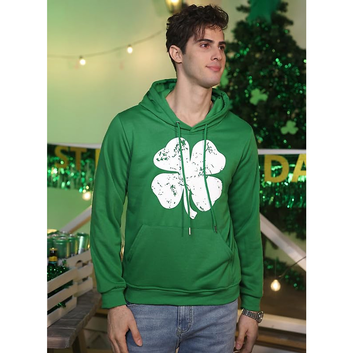 Arvilhill St Patrick's Day Sweatshirt Men's Green Shamrock Irish Printed Hoodie CLOVER XL