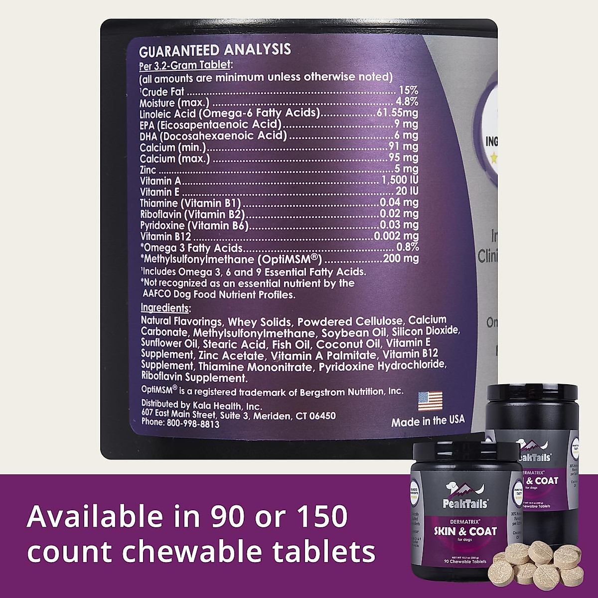 PeakTails Dermatrix, 150 Count Tablets for Dogs, Supports Healthy Skin, Shiny & Reduce Excessive Shedding, Contains MSM, Fish Oil & Omega 3 & 6 Essential Fatty Acids