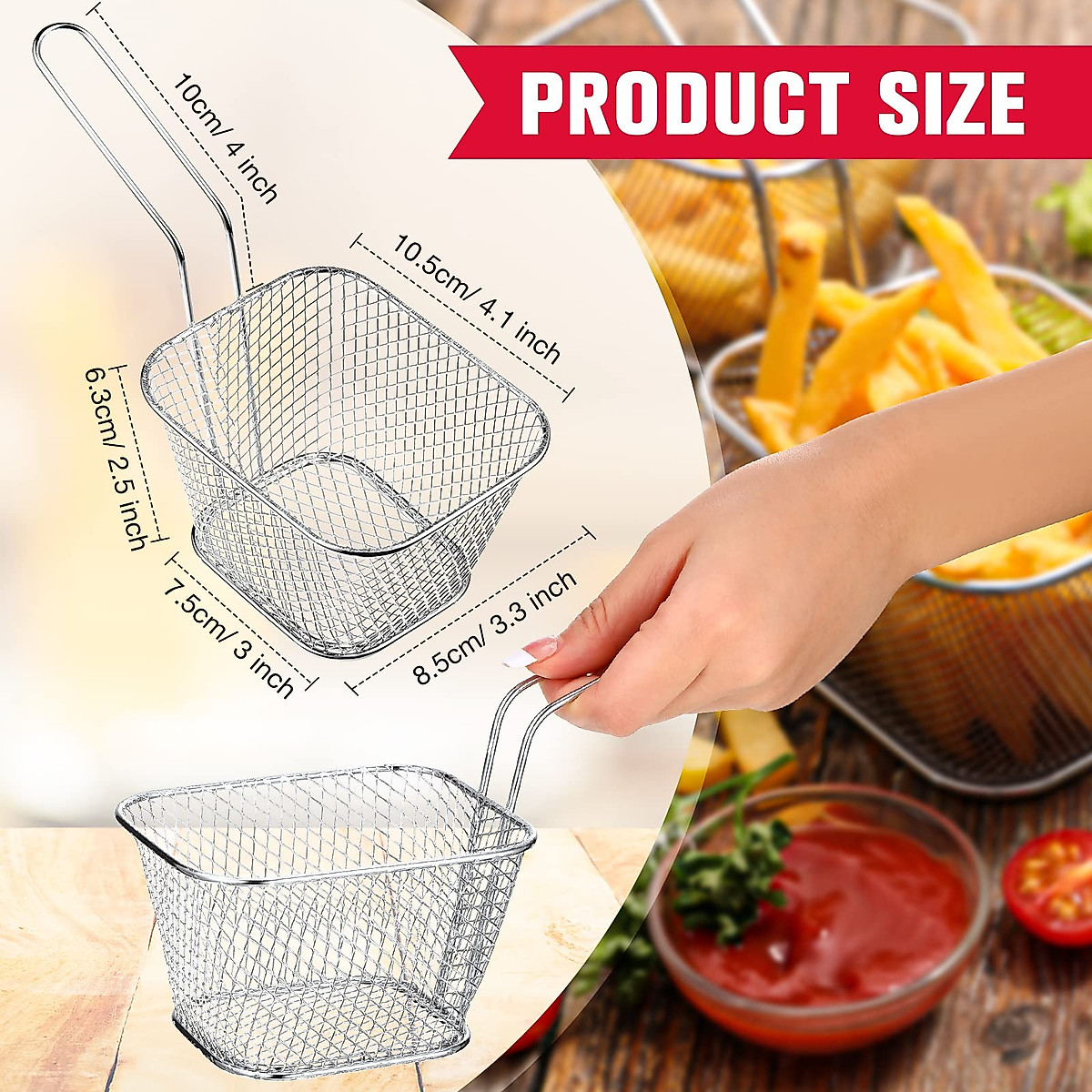 24 Pcs Mini Square Fry Basket Stainless Steel French Fries Holder Deep Fryer Baskets Only Square Mesh Food Basket with Handles Small Serving Basket for Kitchen Restaurant Cafe Barbecue (Silver)