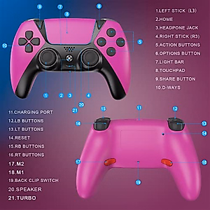 YU33 Ymir Scuf Wireless Controller Works with Modded PS4 Controller, Elite Control Remote Fits Playstation 4 Controller, Joystick/Controles de Pa4 with Mapping/Turbo/1200 mAh Battery, Rose Red/Pink