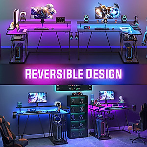 SEVEN WARRIOR L Shaped Gaming Desk with LED Lights & Power Outlets, 43” Reversible Corner Desk with Storage Shelf, Computer Desk with Monitor Stand, Gaming Table with Cup Holder, with Hooks, Black