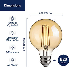 FLSNT G25 LED Edison Light Bulbs, 2200K Warm White, Dimmable, 40W Equivalent, 350LM, E26 Base, CRI80, Amber Glass, 4 Pack