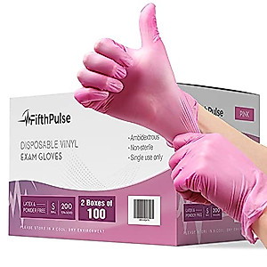 FifthPulse Pink Vinyl Disposable Gloves Small 200 Pack - Latex Free, Powder Free Medical Exam Gloves - Surgical, Home, Cleaning, and Food Gloves - 3 Mil Thickness - 2 Boxes of 100