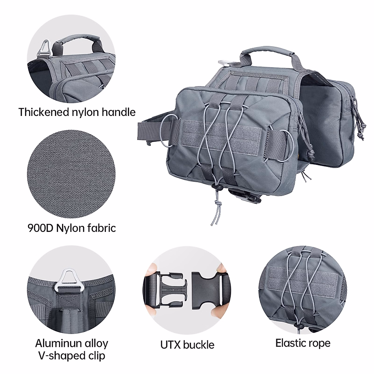 EXCELLENT ELITE SPANKER Dog Pack Hound Dog Saddle Bag Backpack for Travel Camping Hiking Medium & Large Dog with 2 Capacious Side Pockets(Gry-L)